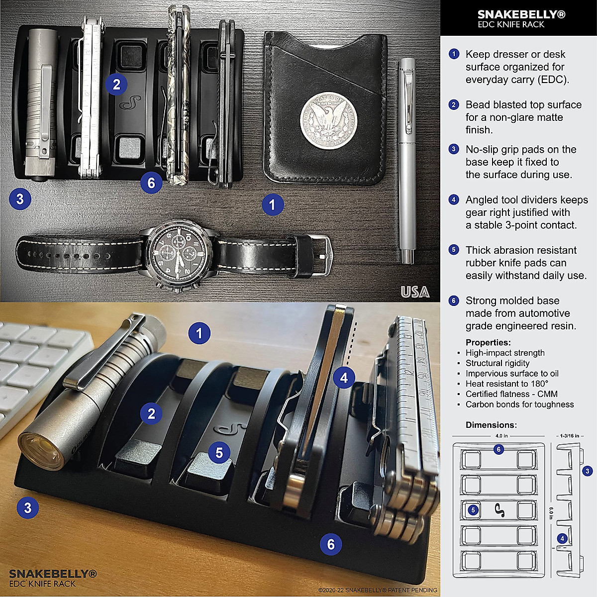 SnakeBelly EDC Knife Rack - EDC Gear Organizer Tray - Holder for Knives & Accessories (Black)