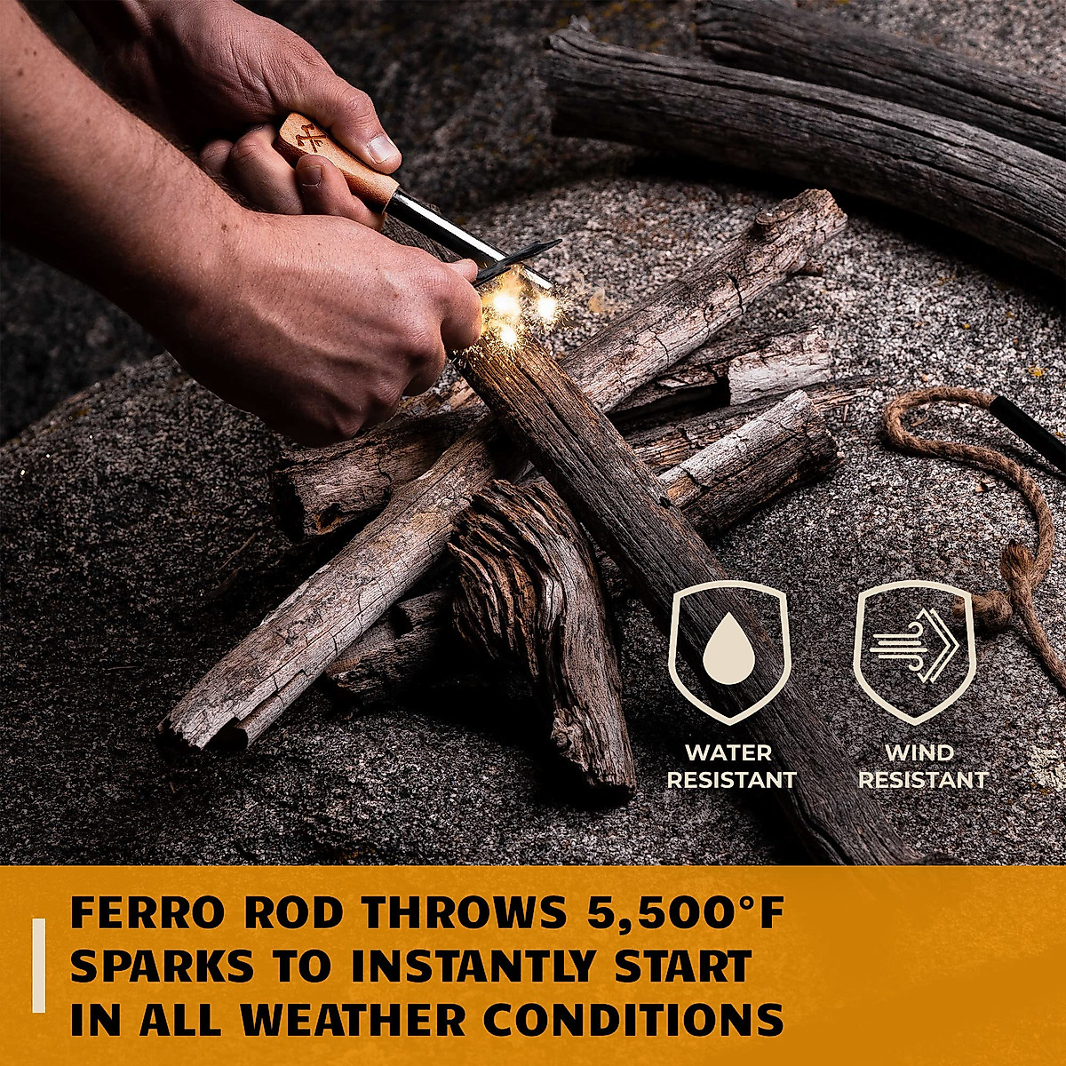 Bushcraft Survival Ferro Rod Fire Starter Kit & Backpacking Multitool | Flint and Steel Striker w/Paracord Bracelet Compass & Whistle | Waterproof Magnesium Farrow Rod Tool & Firestarter for Campfires