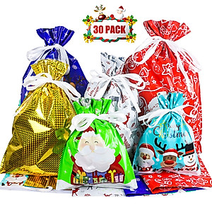 FATHABY Holiday Christmas Drawstrings Gift Bags, 30PCS Assorted Christmas Wrapping Bags, 6 Different Patterns for Christmas Goodie and Treat Bags for Birthday Christmas Party (Yellow) (Gray)