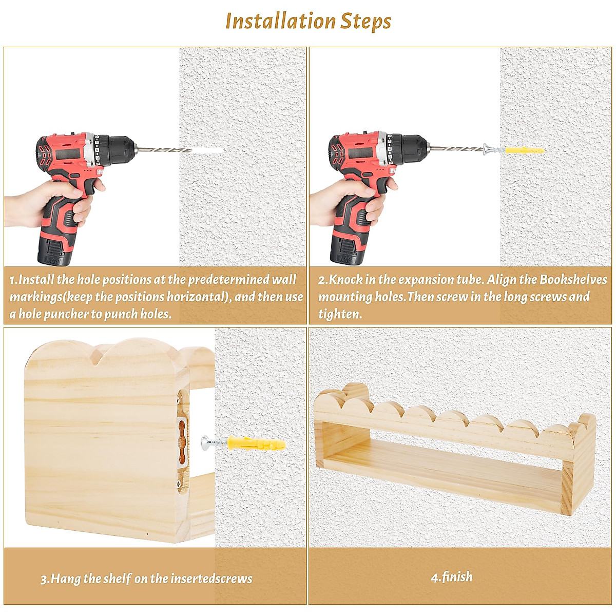 Zouboat Scalloped Floating Nursery Bookshelves for Wall,Set of 2 Natural Wood Wall Bookshelf for Kids Rooms,Preassembled Baby Bookshelf,Hanging Storage Shelves