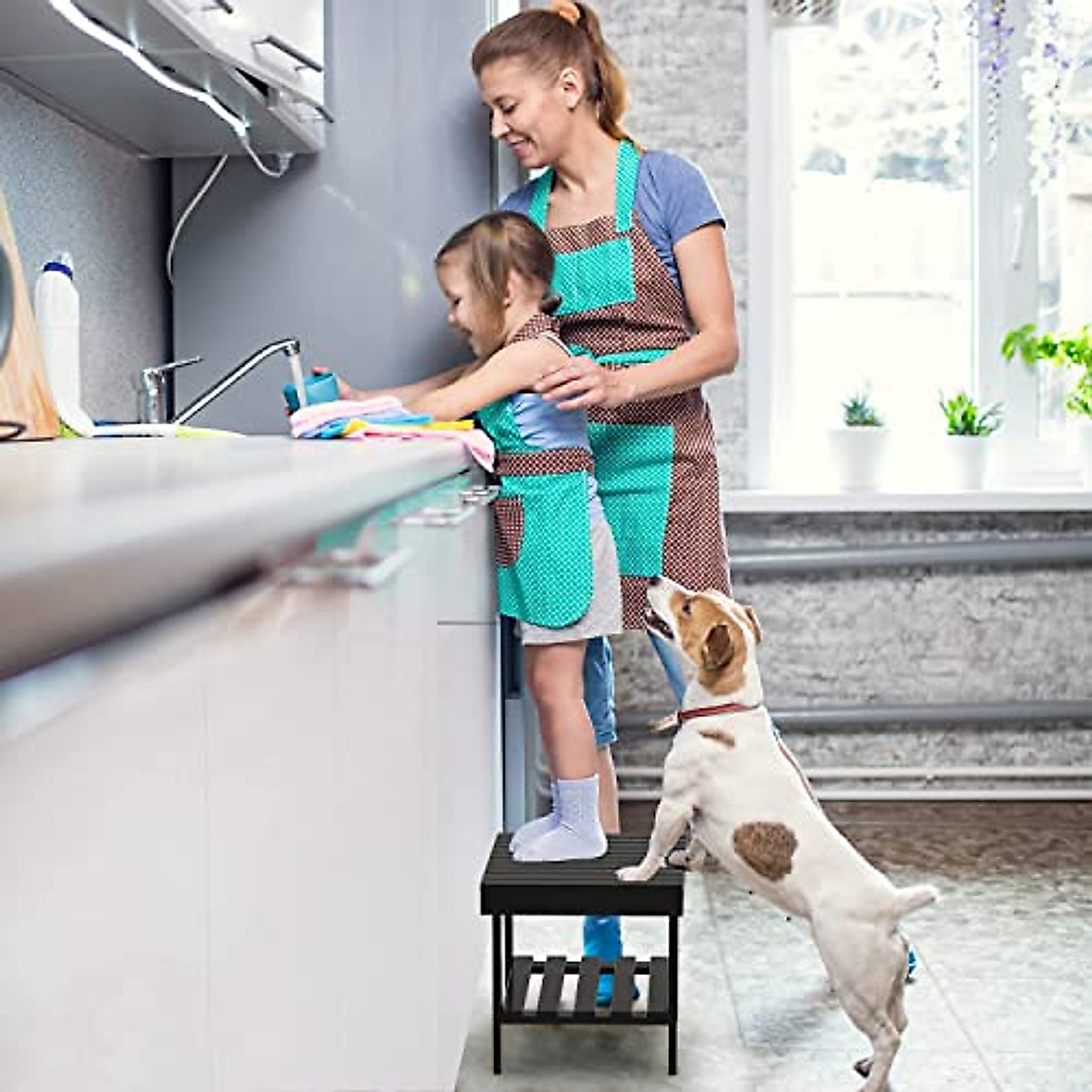 Zhuoyue Wooden Step Stool for Kids Adults Black Small Bamboo Wood Shower Foot Rest Stool Shaving Legs for Bathroom Sink Bed Kitchen