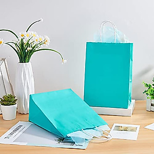 DjinnGlory 24 Pack Medium Size Teal Blue Paper Gift Bags with Handles and Blue Tissue Paper for Birthday Wedding Baby Shower Party Favors (7''x10''x4'', Teal)