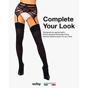 sofsy 60 Denier Black Stockings for Women's Garter Belt [Made in Italy] Ultra-Soft, Durable Opaque Thigh Highs for Evening Wear - Large
