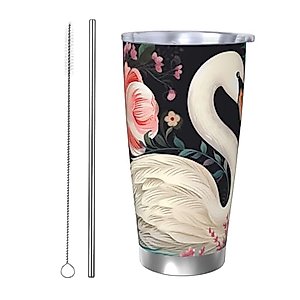 Floral Swan Tumbler with Lid and Straw 20oz Stainless Steel Car Cup for Hot and Cold Drinks, Double Wall Insulated Travel Coffee Mug Reusable Drink Thermos Cup Birthday Gifts