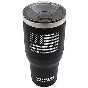 Yukon Outfitters Freedom High Grade 18/8 Stainless Steel Double Wall Vacuum Insulated Tumbler (40oz / 1183ml) - 8.8" H x 4.2" Top Dia. / 3" Bottom Dia., Black with 'Distressed USA Flag' Engraving
