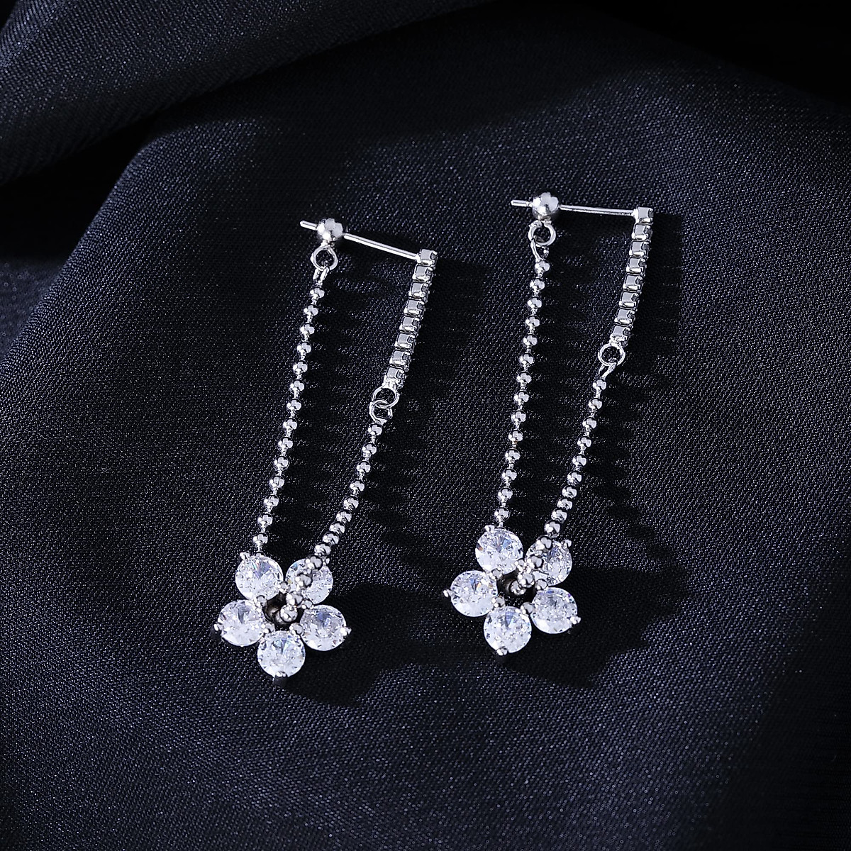 SLUYNZ 925 Sterling Silver CZ Flower Dangle Earrings Chain for Women Crystal Flower Drop Earrings Tassel Chain (A-Silver)