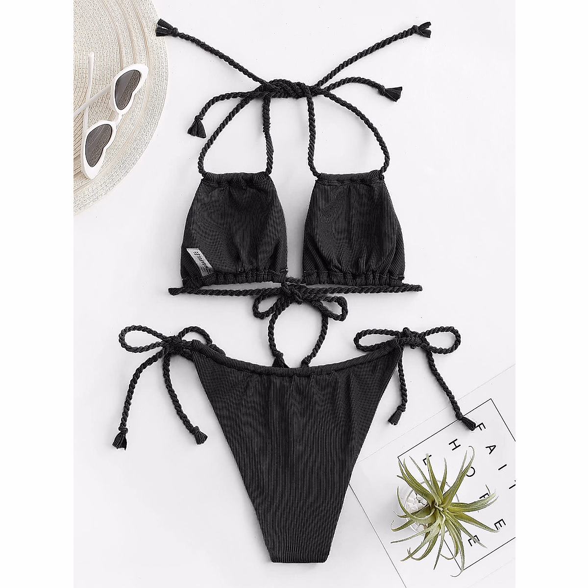 ZAFUL Triangle Bikini for Women 2 Piece Halter Bikini Sets Sexy High Cut Bathing Suit Side Tie Swimsuits Black Multiway S