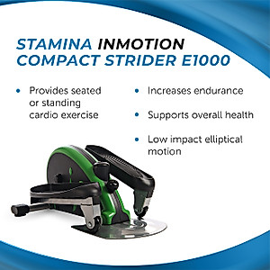 Stamina Inmotion E1000 Compact Strider - Seated Elliptical with Smart Workout App - Foot Pedal Exerciser for Home Workout - Up to 250 lbs Weight Capacity - Black/Green