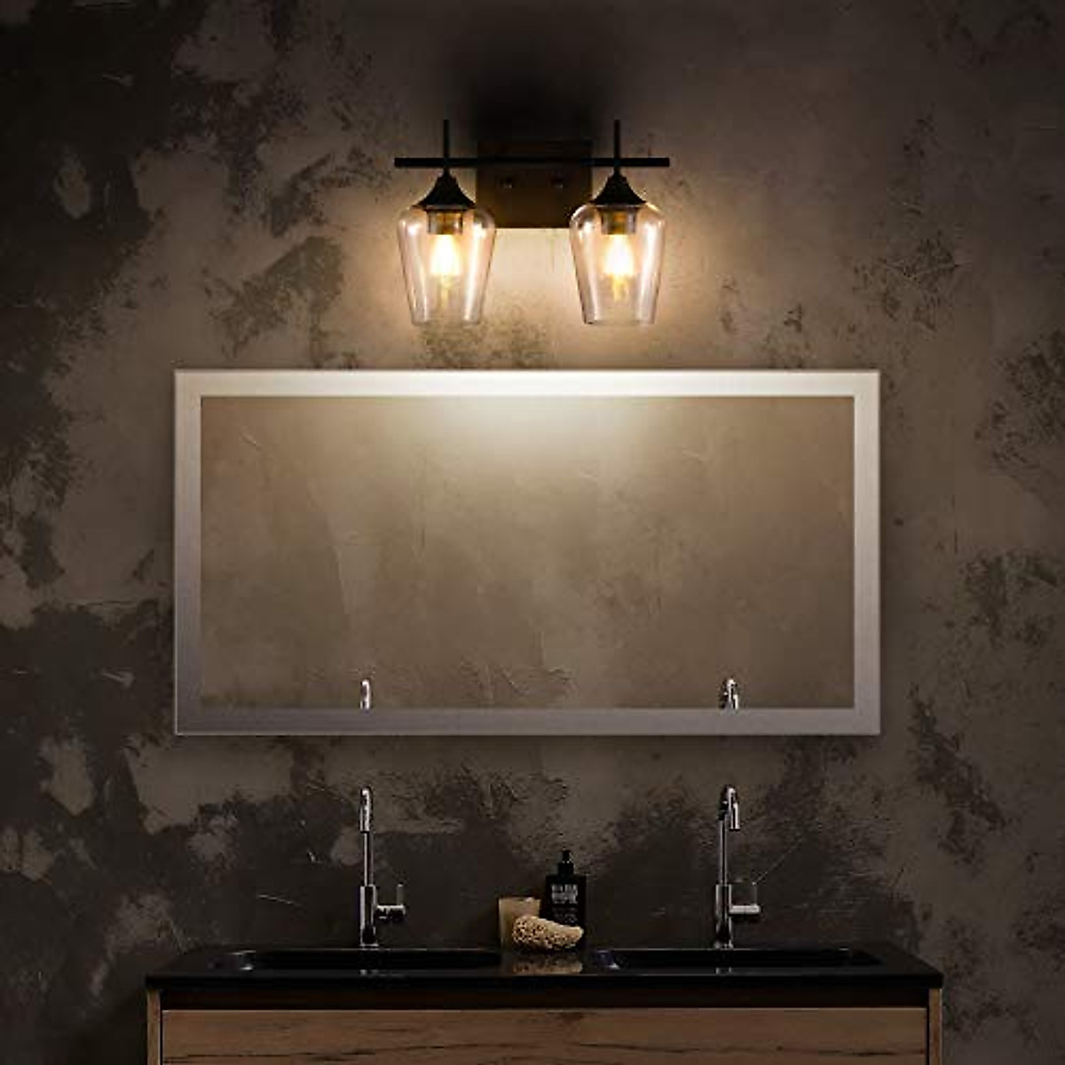VONLUCE 2-Light Vanity Light in Matt Black Finish, Vintage Farmhouse Mirror Lights with Clear Glass Shade, Modern Industrial Wall Sconce for Bathroom, Bedroom, Hallway, Makeup Dressing Table