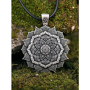 HAQUIL Mandala Flower of Life Necklace, Buddhist Lotus Flower Om Mandala Pendant, Faux Leather Cord, Mandala Gift