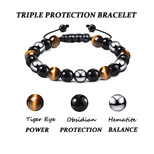 SOOWOOT 2-4Pcs Triple Protection Bracelet - Tiger Eye & Obsidian & Hematite Triple Bracelet Bring Protect Good Luck and Prosperity for Men Women (D:2pcs-Weave)