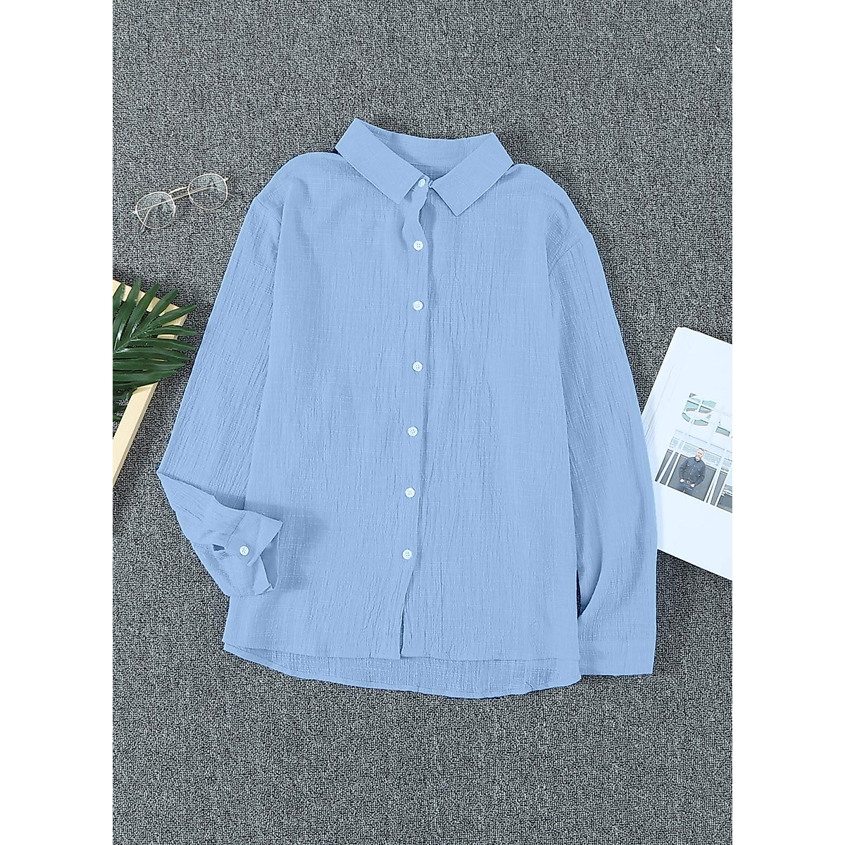 Astylish Women Fashion Clothing Long Sleeve Button Up Linen Shirts Business Casual Clothes Blue X-Large