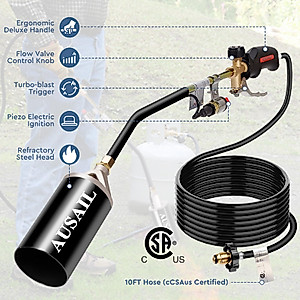 Propane Torch Weed Burner,Blow Torch,Heavy Duty,High Output 1,800,000 BTU,Flamethrower with Turbo Trigger Push Button Igniter and 10 FT Hose for Roof Asphalt,Ice Snow,Road Marking,Charcoal(Black）
