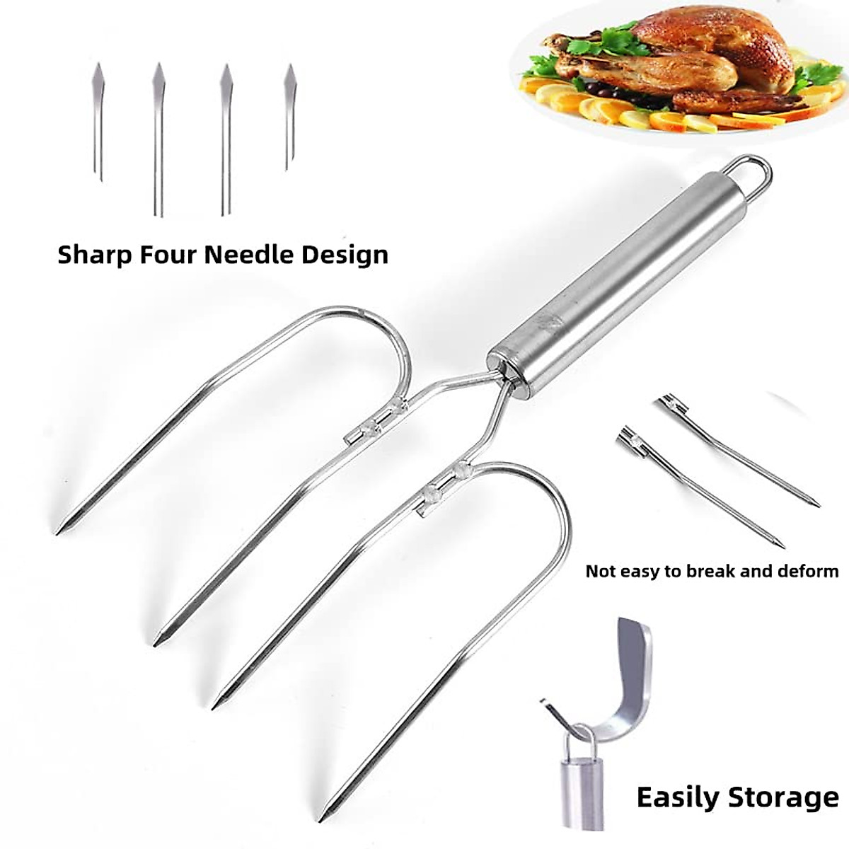 Thanksgiving Turkey & Roast Lifters, Stainless Steel Roaster Forks, Transfer Chicken or Ham Poultry Lifters Easily, Four Needle Meat Fork, Set of 2