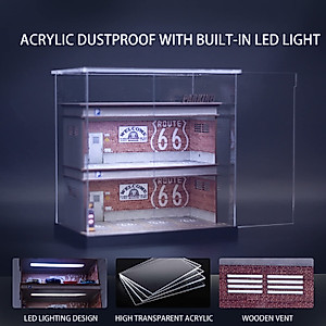 SIKIVOT Double Deck Garage Display Case， 1/64 Scale Parking Lot Model Car， Die-cast Car Garage Display Case，12 Parking Space with LED Light and Acrylic Cover (7642 Red Brick Wall)