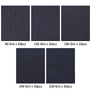 1/4 Sheet Sandpaper Assorted 80/120/180/240/320 Grit Hook & Loop or Clip on Sander Sheets 5.5" x 4.5" Silicon Carbide Sanding Sheets for Wet/Dry Palm Sanders Polishing Accessories, 50PCS…