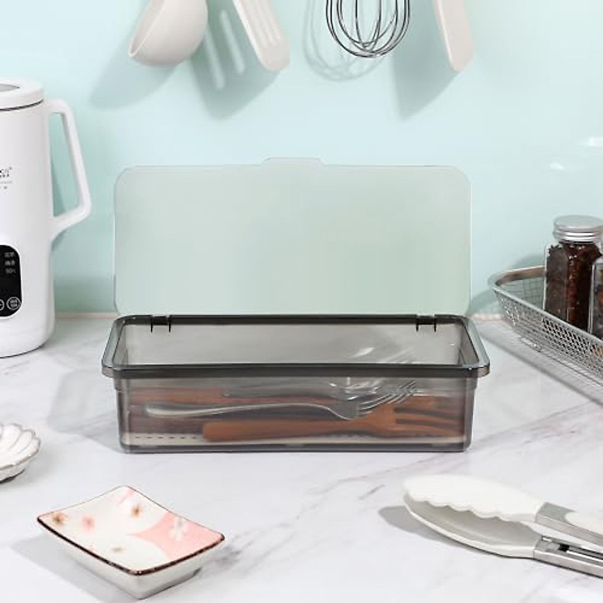 Cabilock 3Pcs Silverware Organizer Countertop Utensil Holder for Countertop with Lid Kitchen Silverware Organizer Plastic Silverware Tray for Drawer Utensil Organizer Black