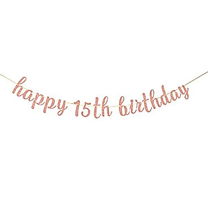 INNORU Glitter Happy 15th Birthday Banner - Cheers to 15 Years Funny Birthday Party Bunting Decorations Rose Gold