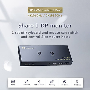 DP KVM Switch 1 Monitors 2 Computers, 2 Port Displayport KVM Switch Share USB 2.0 Devices with 3 USB Hub for 4K@60Hz, 2K@144Hz, 2K@120Hz with Extension Control Switch and 2 USB Cable