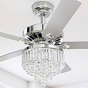 YITAHOME Chandelier Ceiling Fan with Remote, 52 Inch Crystal Fan Light, Indoor Fan Ceiling with 3 Speed, Silent Reversible Motor, Dual-sided Blades, Timer, Balance Kit - Chrome