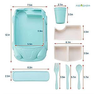 Kids garden Car Plate 8Pcs/Set Bamboo Children Dinnerware Sets - Dishwasher/Microwave Safe Includes Cutlery, Beautiful Plate, Separable Bowls & Cup Happy MealTime, Light Green, YK-001