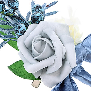 hobbyme 2Pcs Rose Wrist Corsage Wristlet, Blue White Pink Corsage and Boutonniere Set, Artificial Flower Wrist Corsage with Ribbon