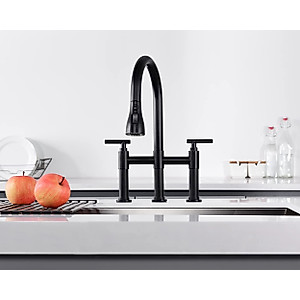 ARRISEA Matte Black Bridge Kitchen Faucet with 3 Mode Pull-Down Sprayer 2 Handle 8 Inch Faucet for Kitchen Sinks 3 Hole Kitchen Sink Faucet, Fingerprint Resistant Spot Free BL-BKF-15108BK