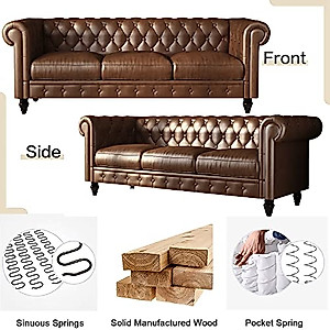 Kadway Brown Leather Sofa Couch, 89" Chesterfield Button-Tufted Couch for 3-4 Persons, Upholstered 3 Seater Couches, Large Sectional Sofa Couch, Deep Seat Sofa for Living Room Apartment Home Office