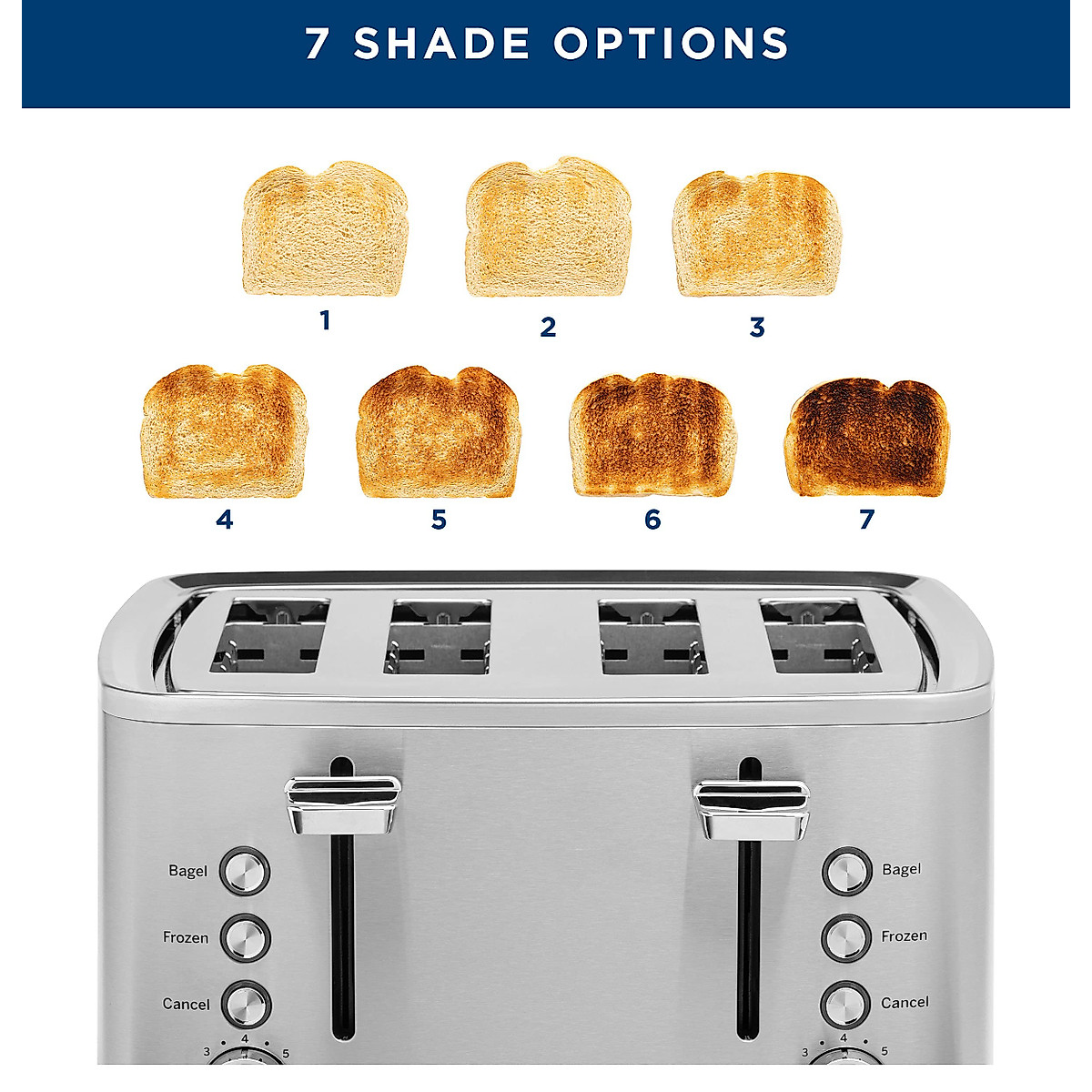 GE Stainless Steel 4 Slice Toaster | Extra Wide Slots for Bagels, Breads, Waffles & More | 7 Shade Options | Countertop Kitchen Essentials | 1500 watt