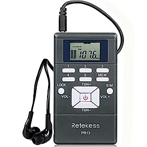 Retekess PR13 Portable FM Radio, Pocket FM Radio Receiver, AAA Battery Powered Personal Mini Stereo Radio with Earphone and Lock Key for Walking, Jogging, Mowing, Church, Tour Guide (Gray)