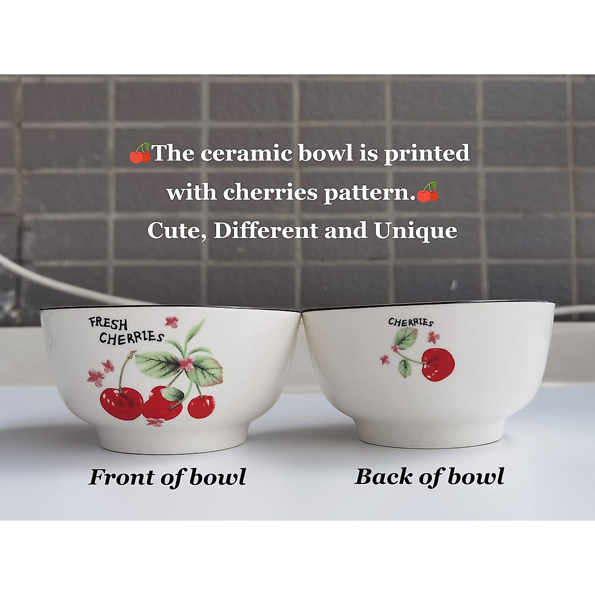 5 Pack Ceramic Bowls With Cherry Pattern, 4.64" x 2.36" Porcelain Bowls, Salad Bowls Ramen Bowls for Kitchen Restaurant Serving Bowls, Large Capacity Ceramic Bowls, Dishwasher Safe & Microwave Safe