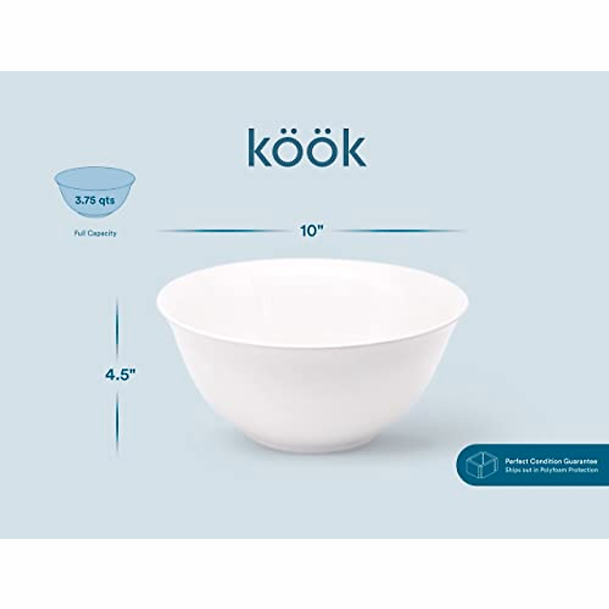 Kook Ceramic Salad Serving Bowls, Chip Resistant Ceramic, Microwave and Dishwasher Safe, White Glossy Porcelain, Bristol Collection (Serving Bowl)