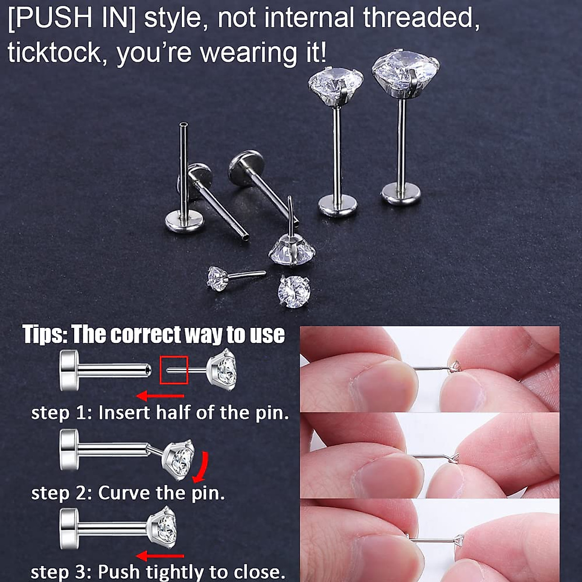 PunkTracker 16g/18g/20g Threadless Piercing Jewelry for Tragus Nose Helix Conch Medusa Lip Labret - Surgical Steel Helix Earring Cartilage Tragus Earrings Stud Nose Studs for Women Men