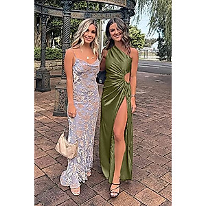 PRETTYGARDEN Women's 2023 Summer One Shoulder Satin Dress Cutout High Split Cocktail Wedding Guest Maxi Dresses (Dark Army Green,Medium)