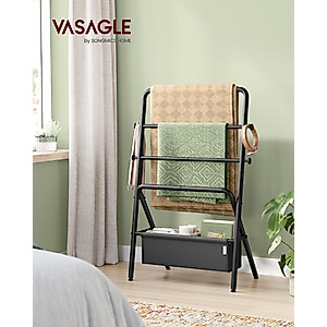 VASAGLE Freestanding Towel Rack, Foldable Blanket Holder, Towel Holder with 4 Hooks, Fabric Basket, 39 Inches High, for Bedroom, Living Room, Bathroom, Ink Black and Slate Gray ULLS020B01