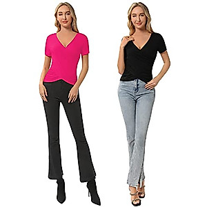 HERLOLLYCHIPS Womens Tops Short Sleeve Wrap Deep V Neck Backless Ruched Hem Cross Fitted Sexy Casual Summer Tees T-Shirts (Hot Pink, X-Large)