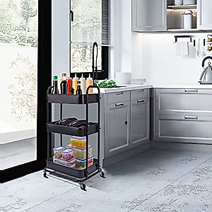 YOHKOH 3-Tier Metal Rolling Utility Cart, Storage Trolley Cart with Mesh Baskets and Lockable Wheels for Bathroom Kitchen Office (Dark Black)