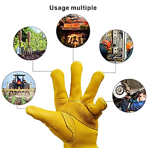 KKOYING Leather Work Gloves for Men & Women, Gardening Gloves, Reinforced Durable Cowhide Work Gloves, Puncture & Cut Resistant (Medium)