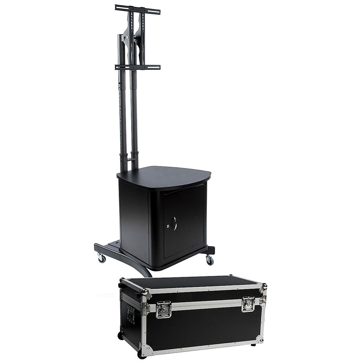 Displays2go TV Stand w/Locking Cabinet Fits Monitors 32”-65”, Collapsible w/Carry Case – Black (MBTVKDBKCRT)