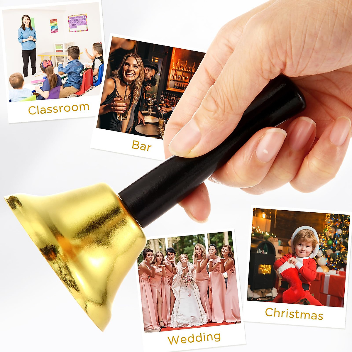 24 Pack Loud Hand Bell Metal Hand Held Bell for Adult Steel Dinner Call Service Wedding Bell with Black Wooden Handle Care for Home Pet Classroom School Church Alarm Food Decor (Gold,2.56'' Wide)
