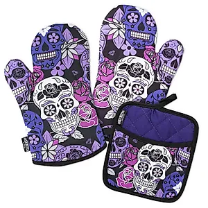 Oven Mitts Co. Sugar Skull Purple, Oven Mitts and Pot Holder 3pcs Set, Insulated, 100% Cotton