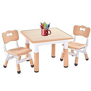 FUNLIO Kids Table and 2 Chairs Set, Height Adjustable Toddler Table and Chair Set for Ages 3-8, Easy to Wipe Arts & Crafts Table, for Classrooms/Daycares/Homes, CPC & CE Approved (3pcs Set) - Natural