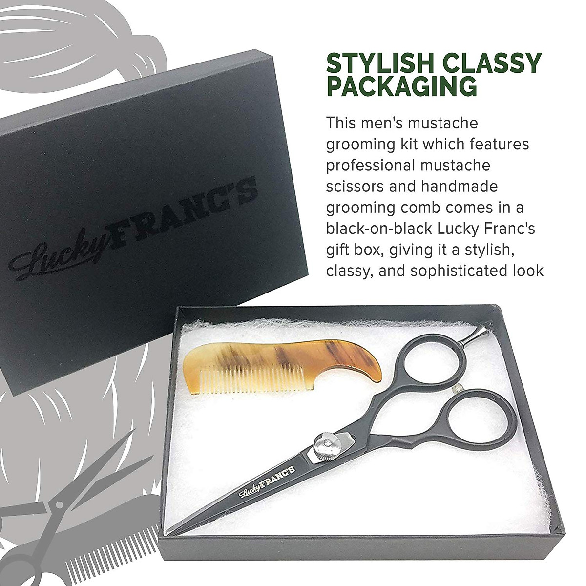 Lucky Franc's Beard Grooming Kit with Japanese Beard Scissors & Ox Horn Handmade Mini Beard Combs for Men. Mustache Trimming Kit with Mustache Hair Scissors and Comb for Men. Handmade Beard Care Kit