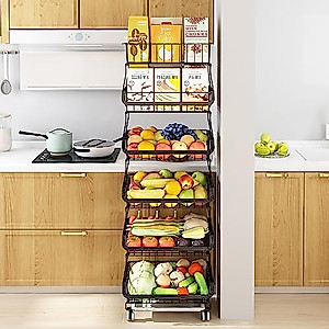 Wisdom Star 6 Tier Fruit Vegetable Basket, Wire Storage Basket Organizer Utility Cart with Wheels, Vegetable Basket Bins for Onions and Potatoes, Fruit Vegetable Storage Cart for Kitchen, Black