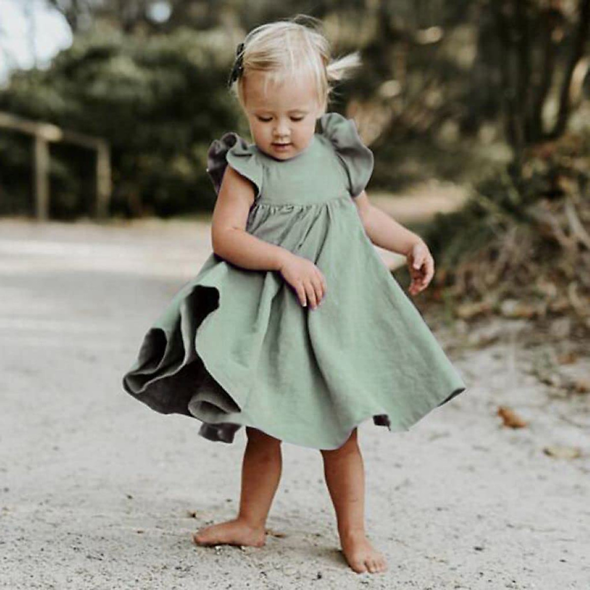 Toddler Baby Girl Dress Summer Cotton Linen Ruffle Halter Sleeveless Kids Casual Beach Party Dresses 2-7 Years (Grey Green, 4-5T, 4_Years)
