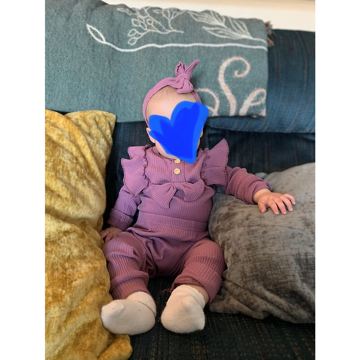 Kulcerry Newborn Infant Baby Girl Clothes Solid Color Bow Ribbed Long Sleeve Romper Pants Headband Outfits Set (Purple,Newborn)