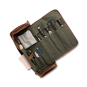 Angus Stoke premium leather knife bag-case, XXL chef's roll bag with huge storage space and extras - waxed vintage buffalo leather, Arvid (Walnut-Brown)