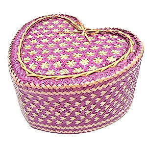 Bamboo Sticky Rice Serving Basket 6 x 5.2 Inch, Kratip, Intricately Woven Container, Heart-Shaped, Pikul Flower Weave Pattern, Thailand Handmade (Purple)