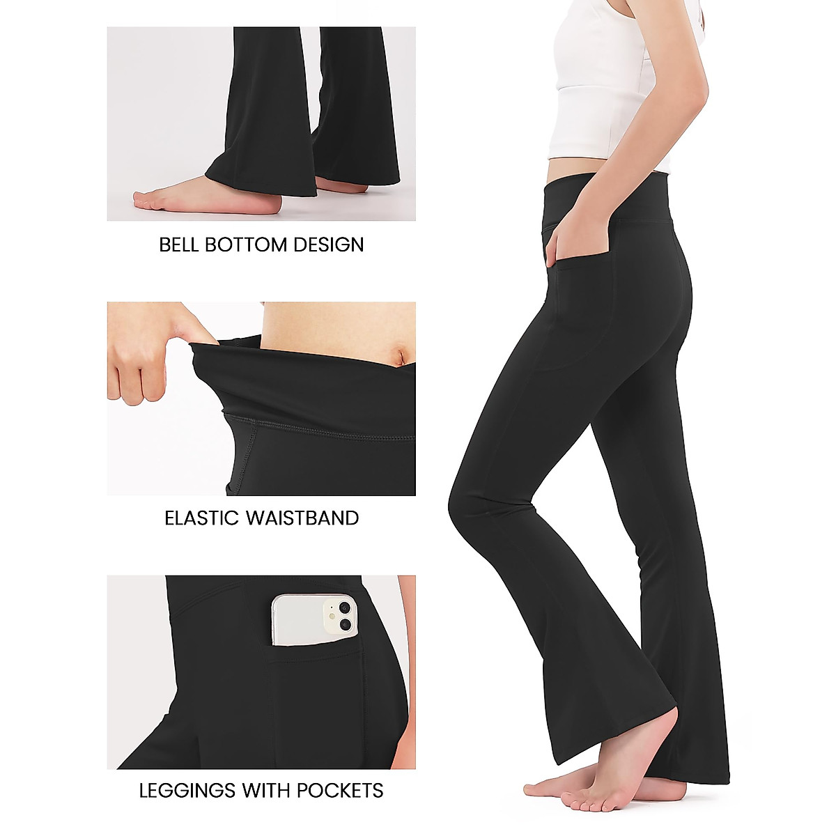 BOOPH Girls Flare Leggings with Pockets Cross High Waisted Yoga Pants Bell Bottoms Athletic Pants 7-8 Years Color Black