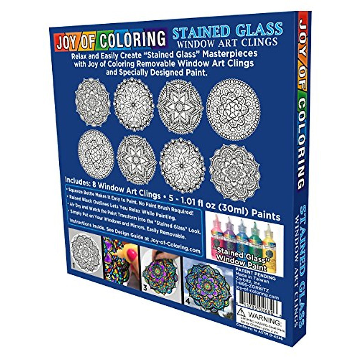 ZORBITZ Joy of Coloring Stained Glass Window Art Clings DIY Kit,8 Clings& 5 Paints,4 Gorgeous,Intricate Mandala Designs,Designed Paint,Removable Clings, Sticks to Any Glass Surface,13 Piece Set,(2680)